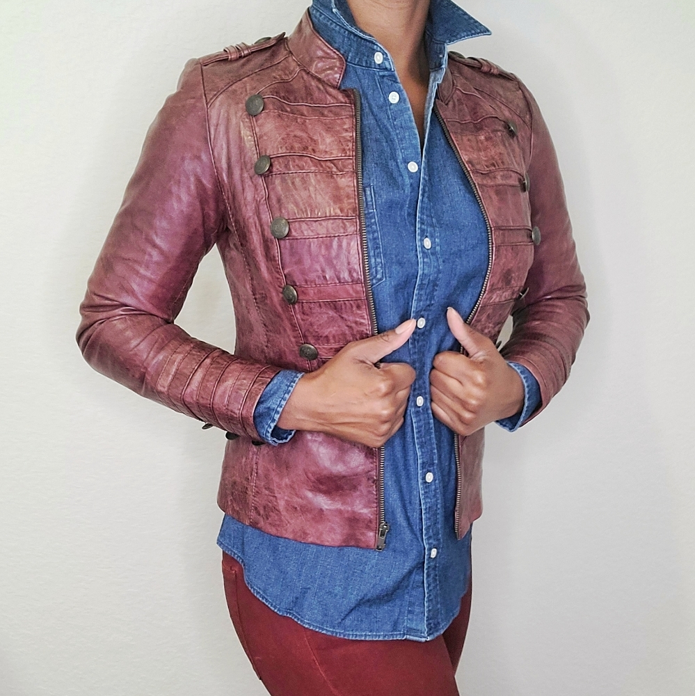 Oasis Military Style Leather Jacket - Gem